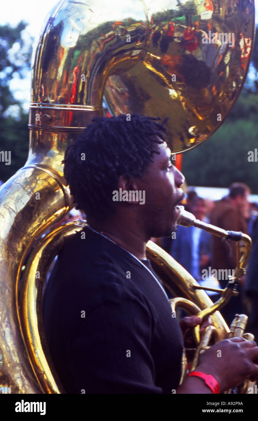 man playing the tuba with the audience reflected in the bell. Bracknell ...