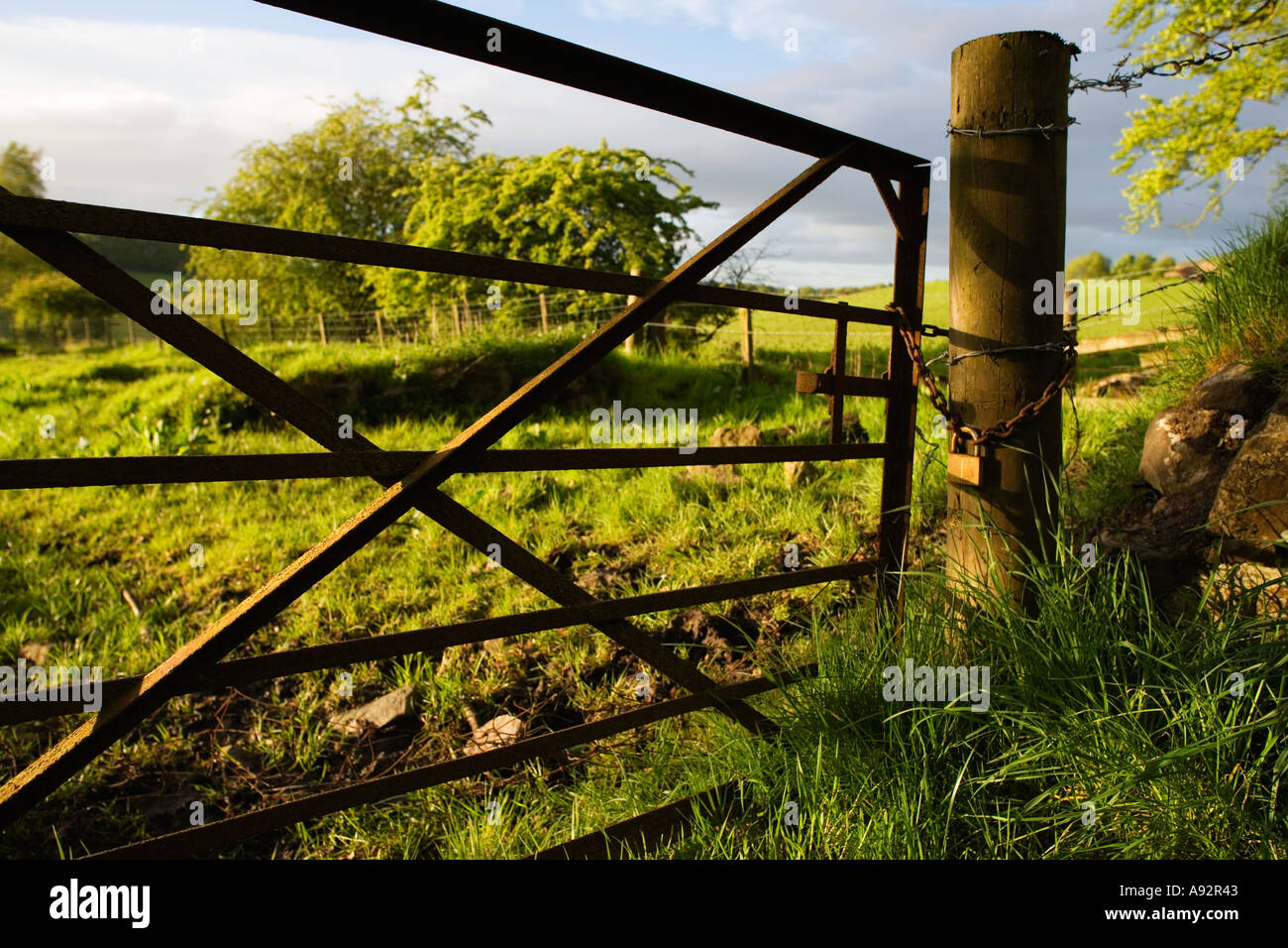 Locked gate into field Stock Photo - Alamy