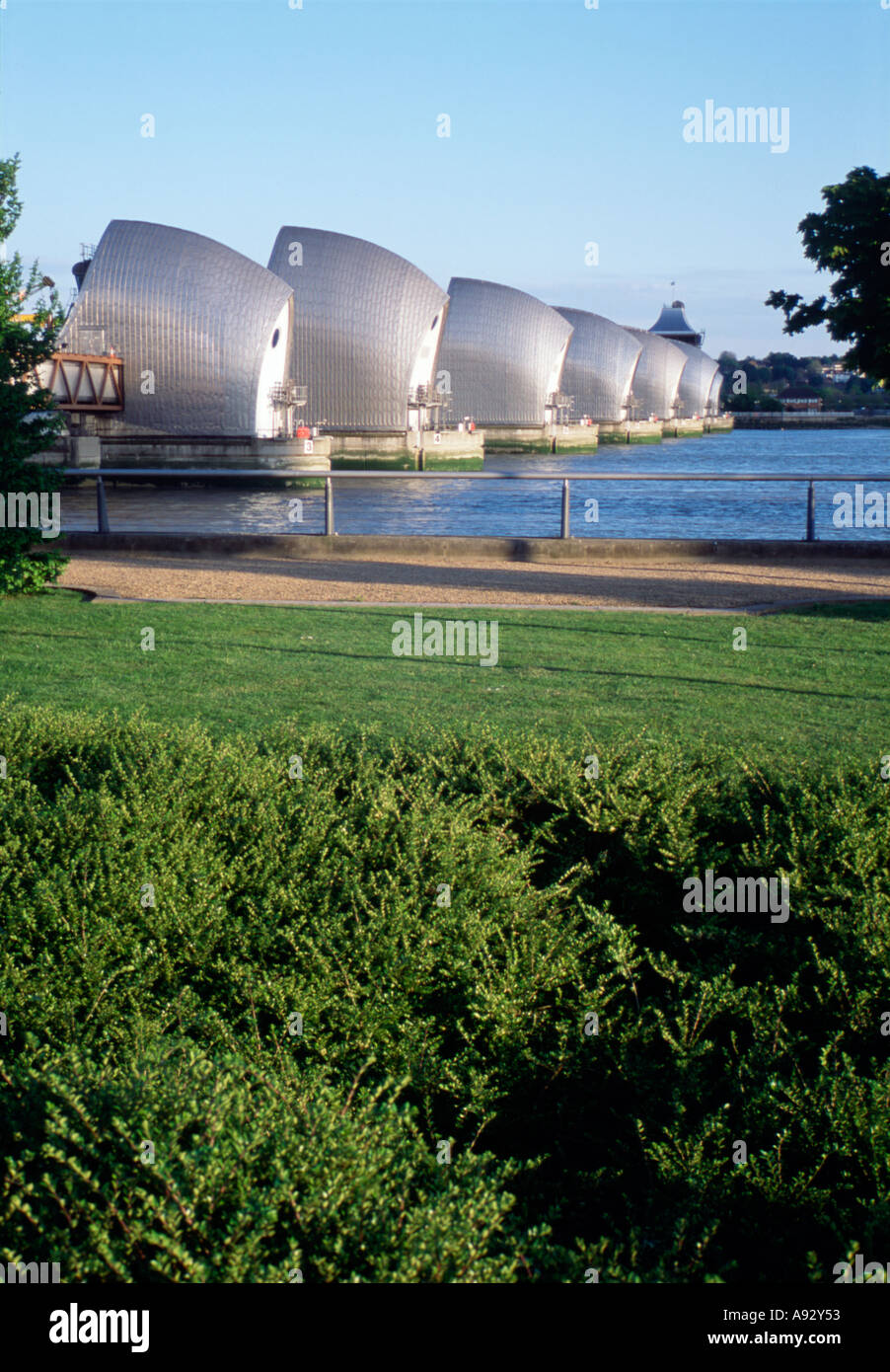 Thames Flood Barrier seen from park Woolwich London Docklands england ...