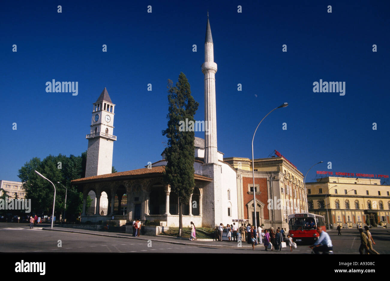 Albania Tirana Skanderbeg square with clock tower and mosque Stock ...