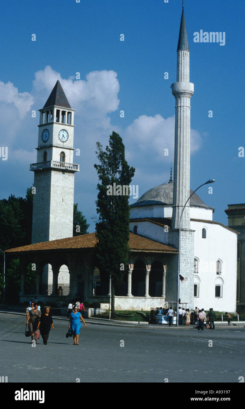 Albania Tirana clock tower and mosque at the central square Stock Photo ...
