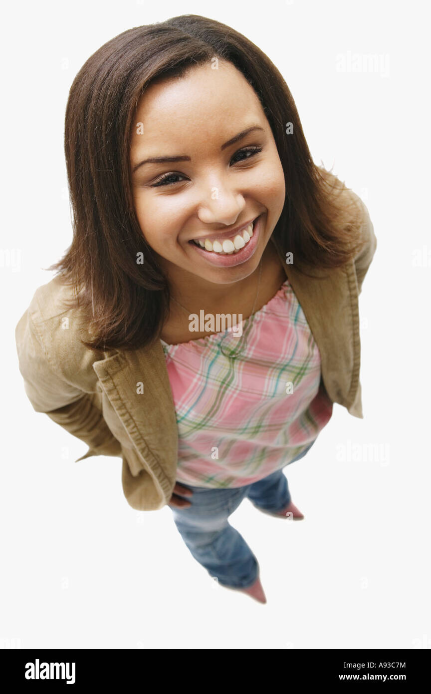 High angle studio shot of African woman smiling Stock Photo - Alamy