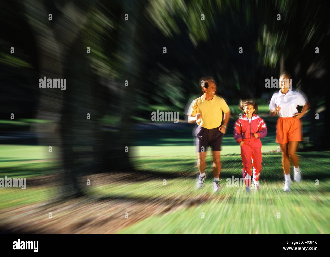 Attractive family jogging together through a wooded park Stock Photo ...