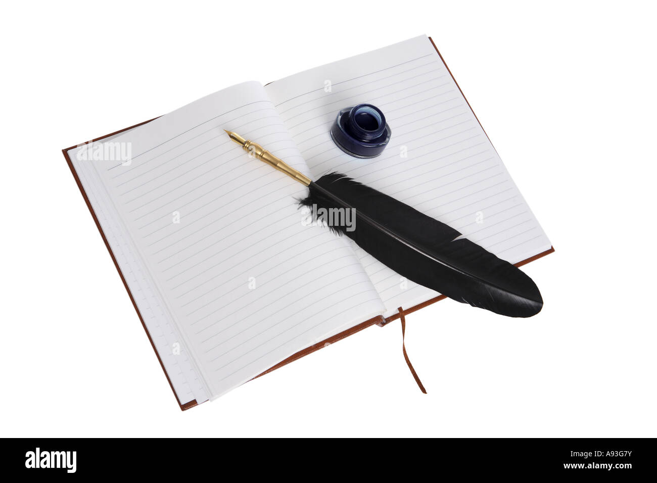 Quill Pen and Ink on an Open Journal cut out on white background Stock ...