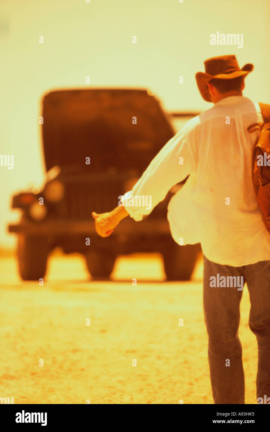 Rear view of a young man hitchhiking Stock Photo - Alamy