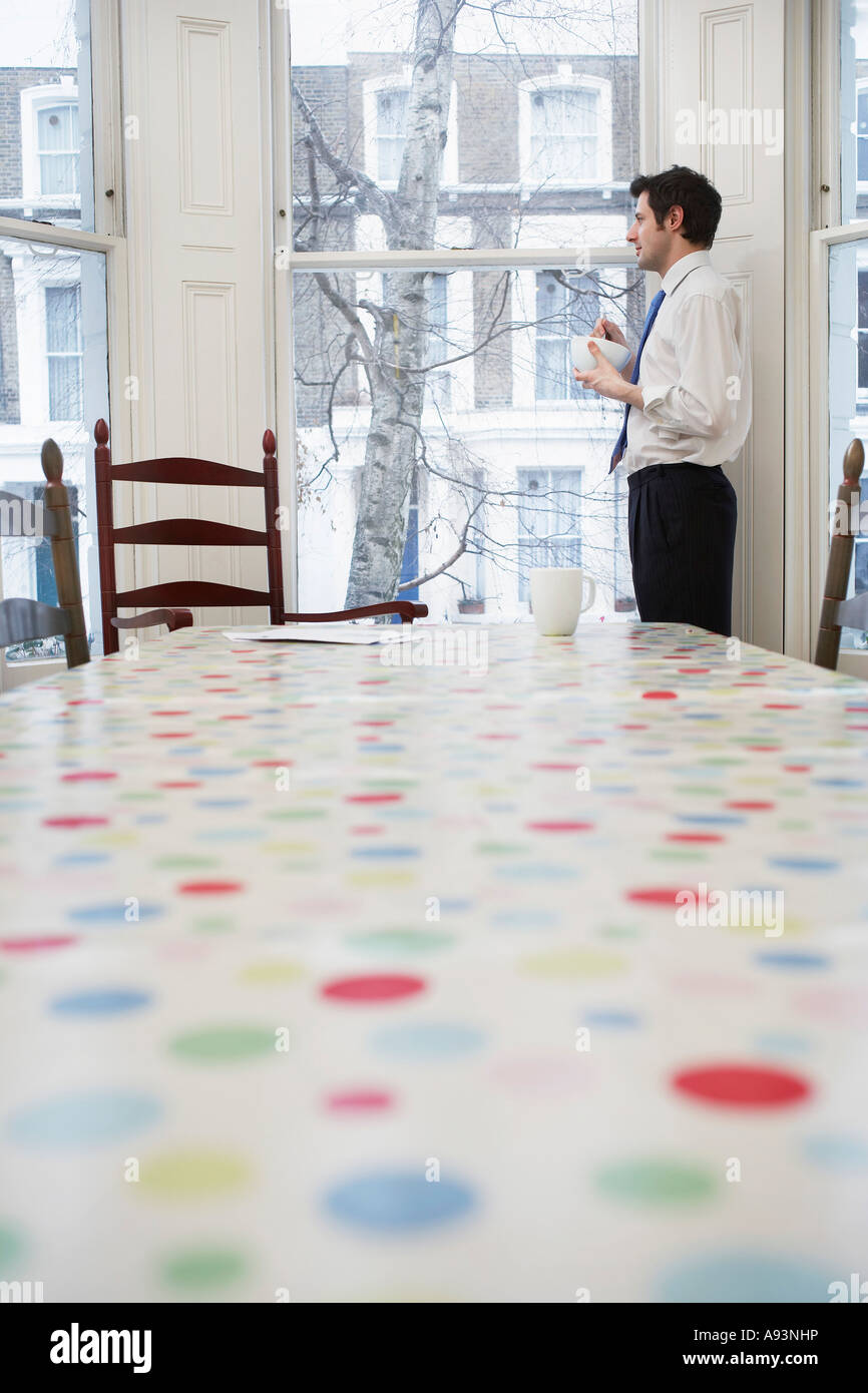 Man standing at window in dining room Stock Photo - Alamy