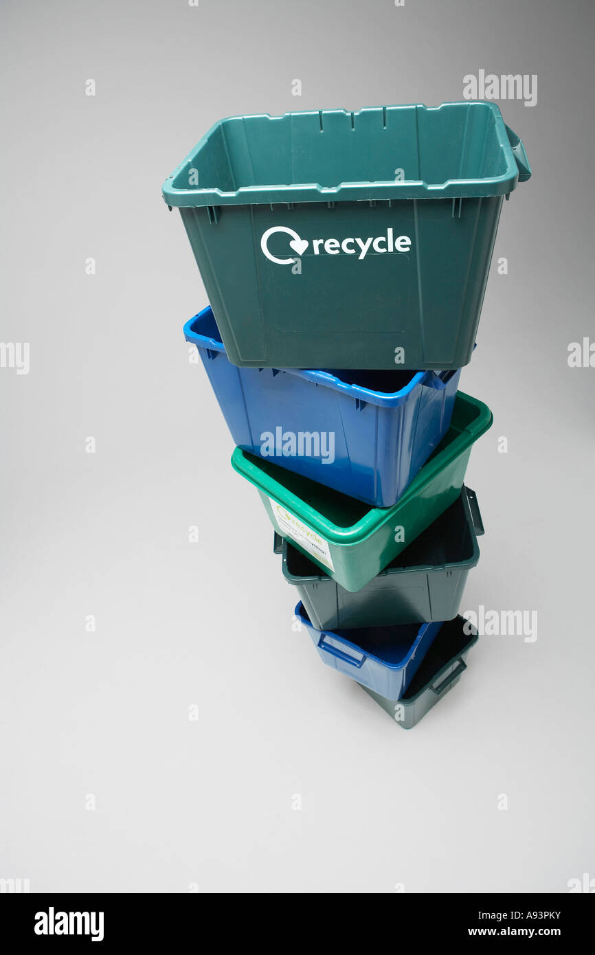 Pile of empty recycling containers, elevated view Stock Photo - Alamy