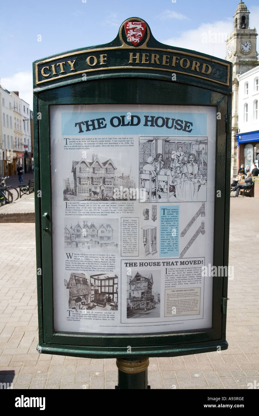 Tourist information sign for the Old House Hereford city centre England ...