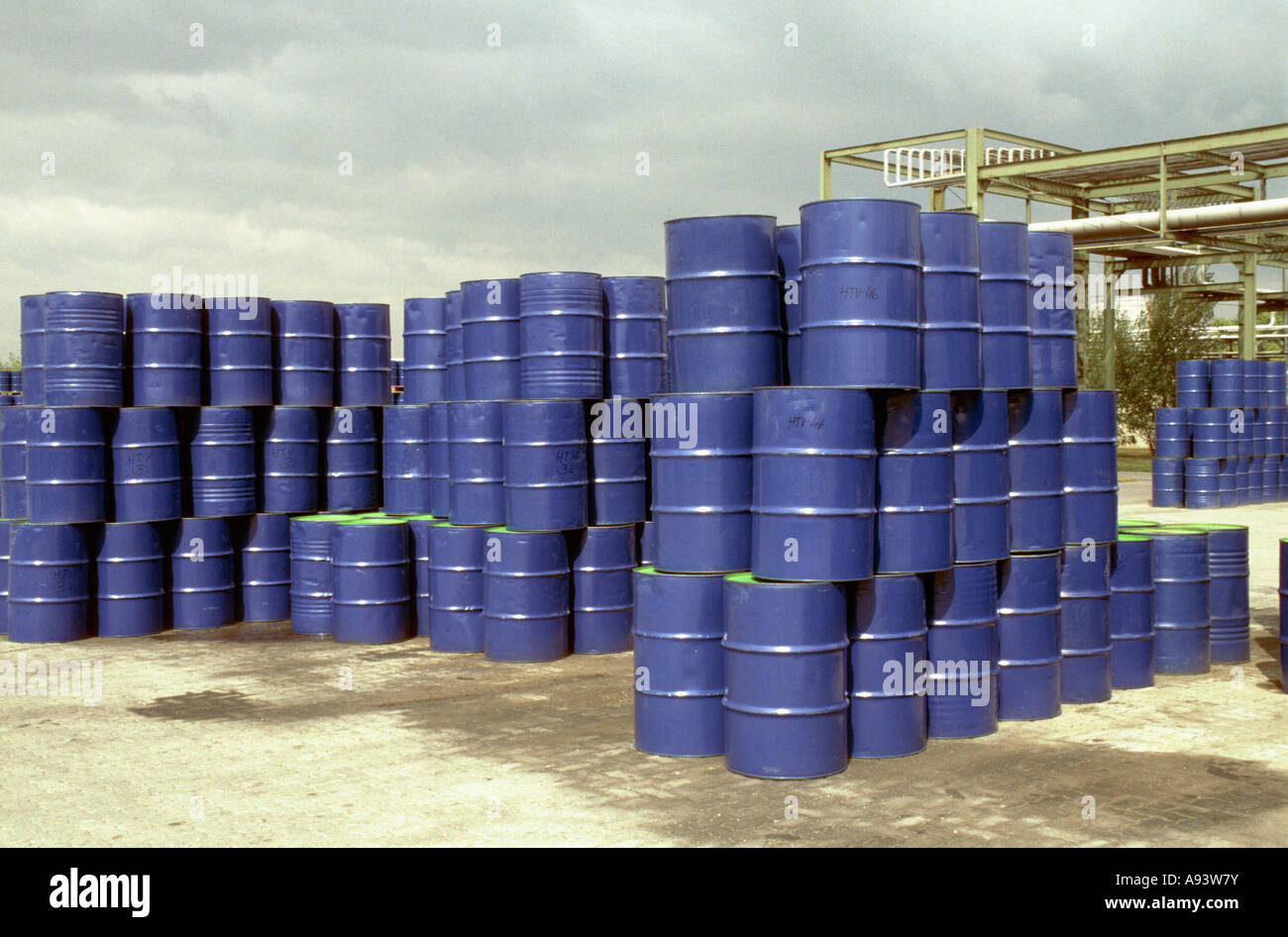 Blue industrial barrels Stock Photo - Alamy