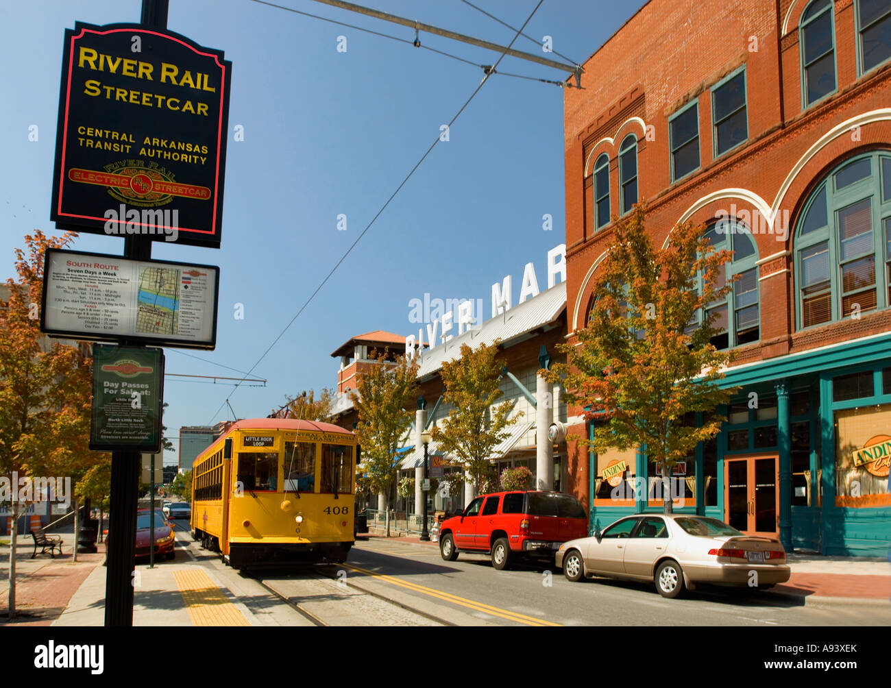 Trolley in River Market District popular tourist area in Little Rock ...
