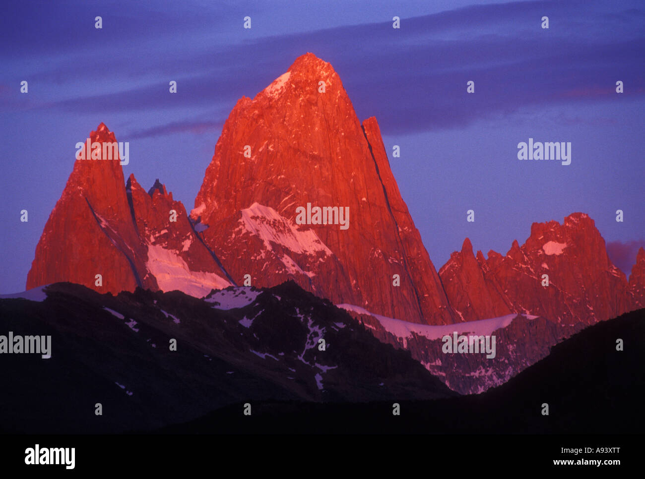 Alpenglow Mount "Fitz Roy" (3405m) also called “Chalten”. Granite Peak ...