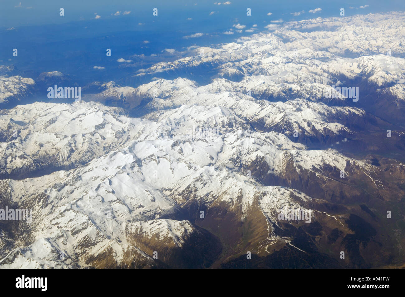 Aerial view of the Pyrenees Mountains in spring from a passenger ...