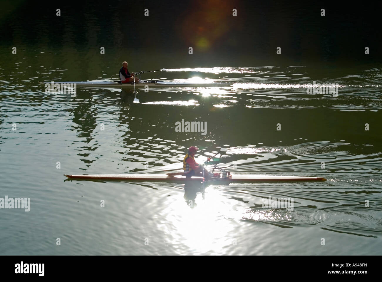 Horizontal close up of a two men rowing along the river Arno ...