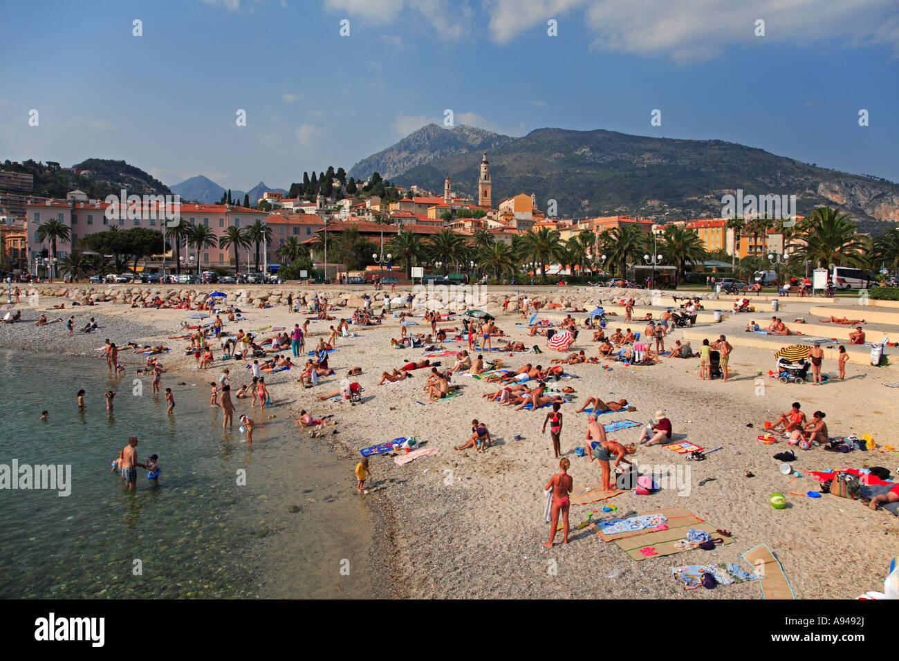 The beach and old town beyond at Menton Stock Photo - Alamy