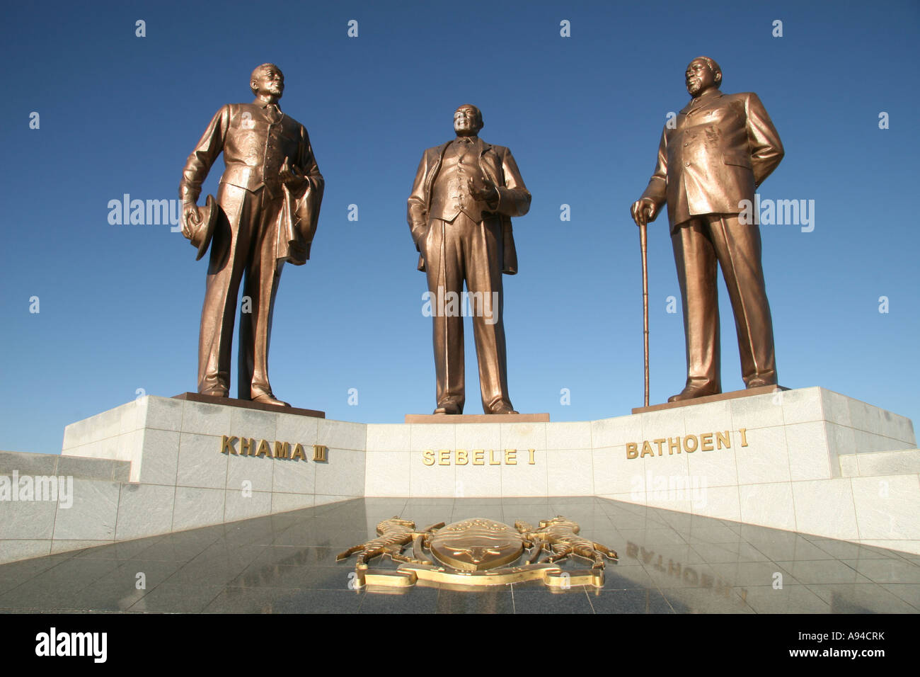Monument in Gaborone of 3 chiefs Khama III Sebele I and Bathoen I ...