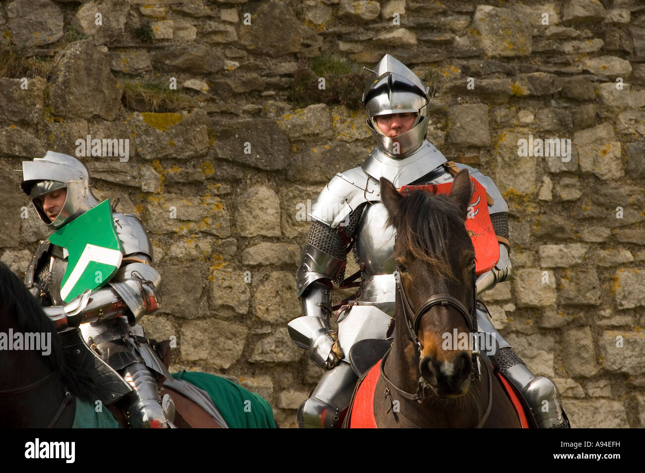 Knights on horses wearing replica armour at at St Georges Day event ...