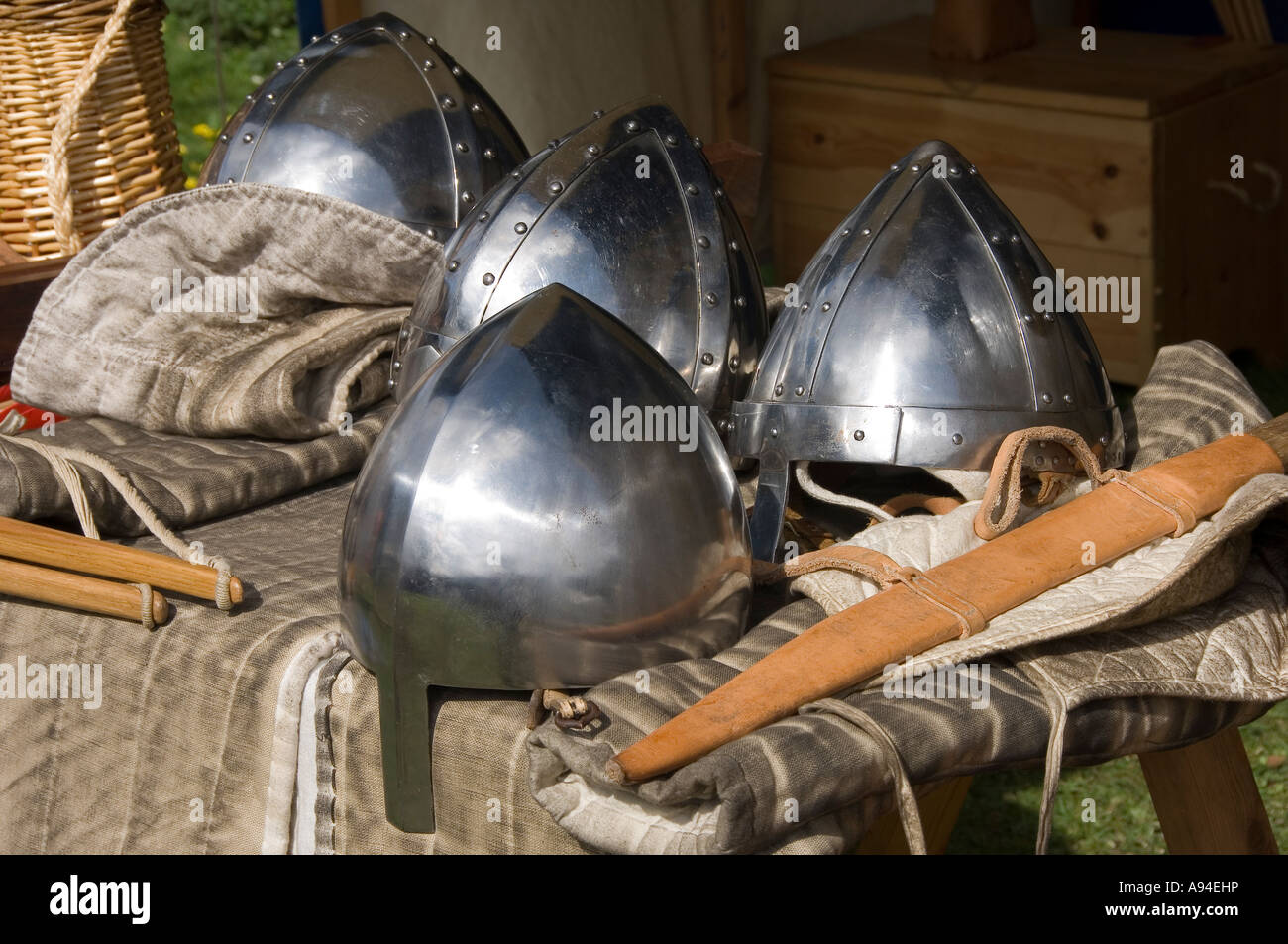 Close up of Replica medieval helmets metal England UK United Kingdom GB ...