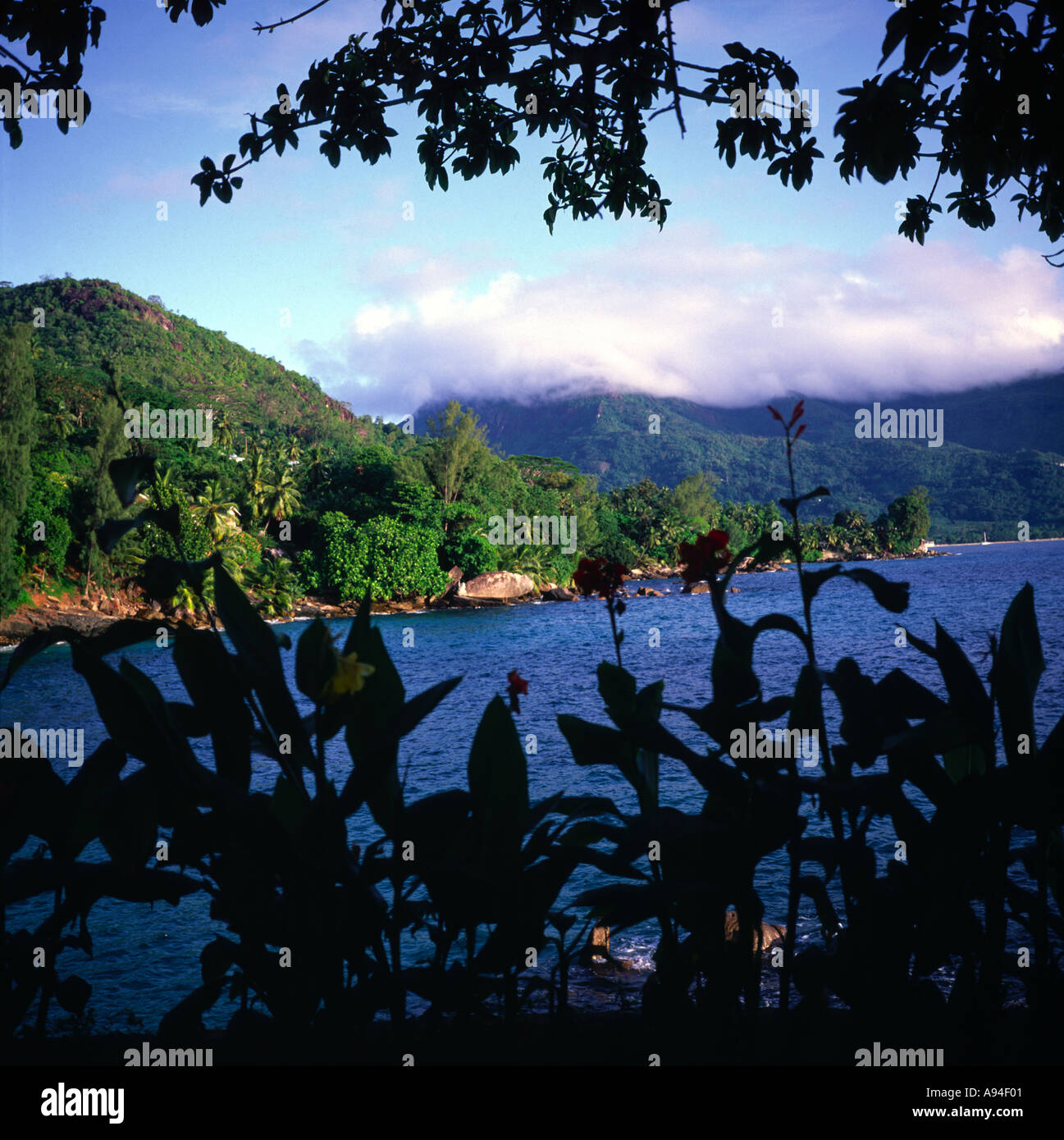 View from Sunset Beach Hotel Mahe towards Morne Seychellois national ...