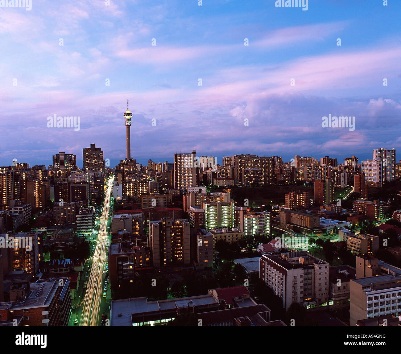 Johannesburg at dusk viewed from Claim Street showing the Hillbrow ...