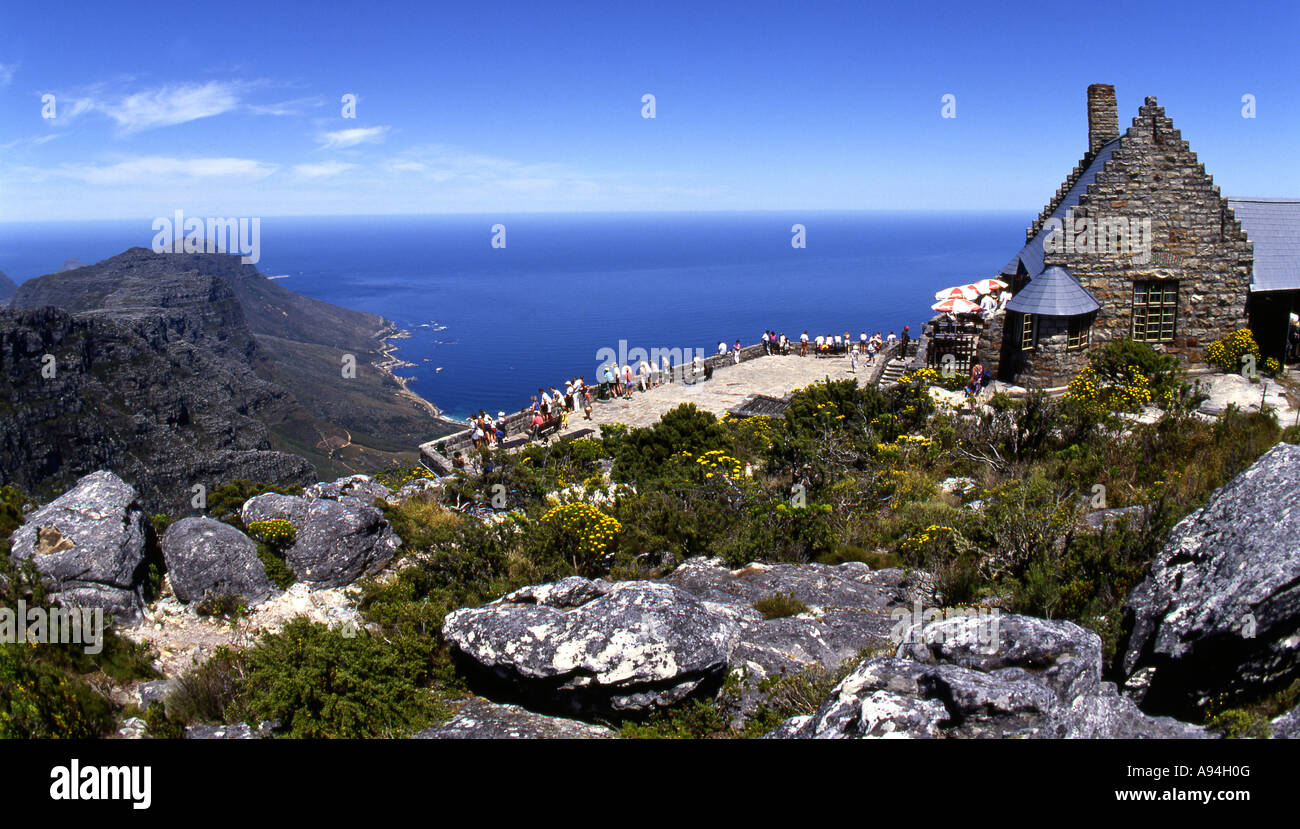 A restaurant and viewing area at the top of Table Mountain in Cape Town ...