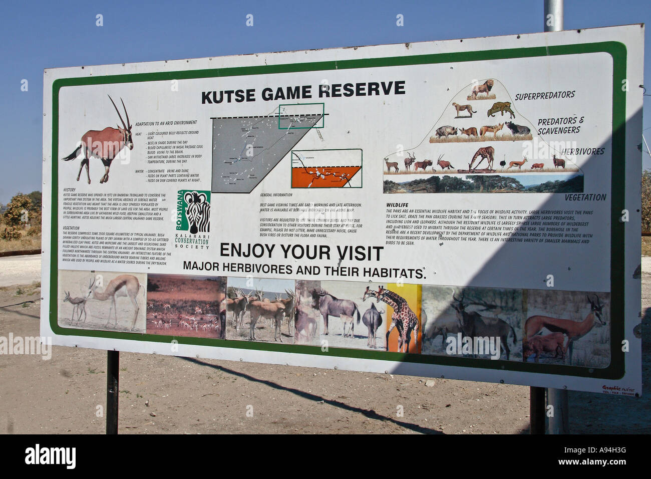 Information board at Kutse entrance gate Central Kalahari Botswana ...