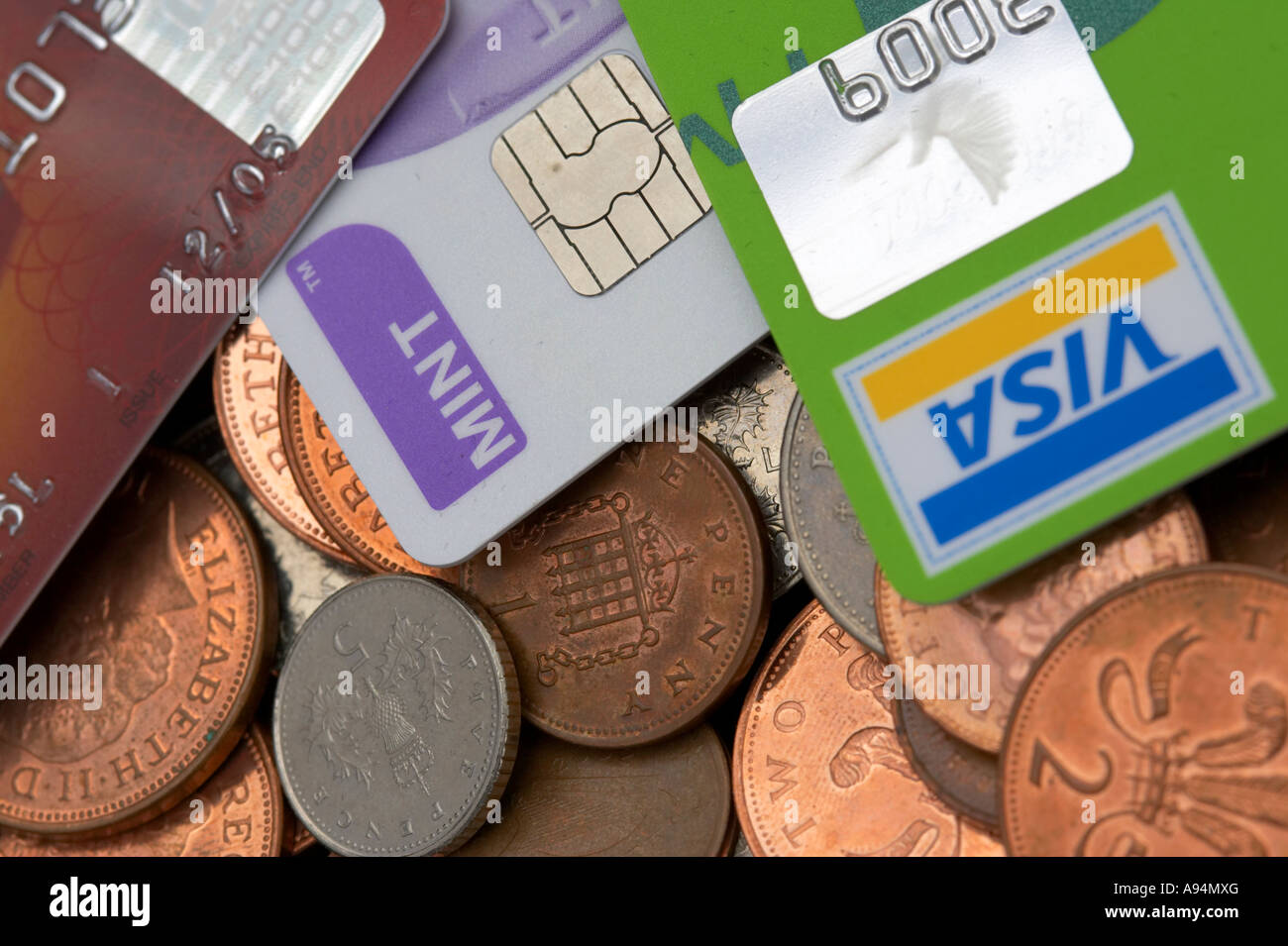 Collection of hologramed and chip and pin visa credit cards with copper ...