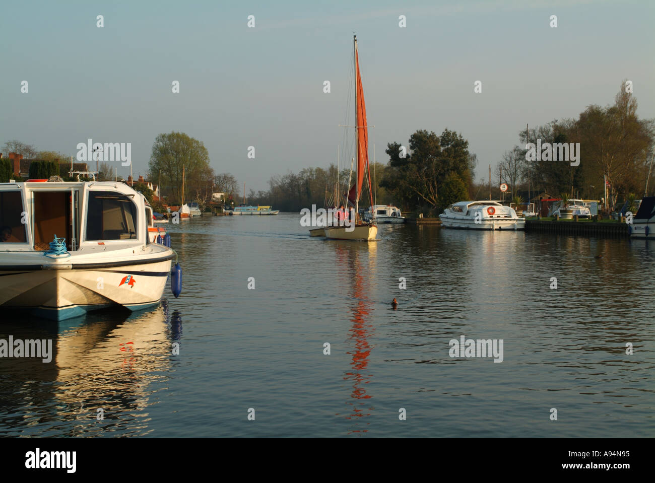 Traditional sailing boat on the river Bure at Horning, Norfolk Broads ...