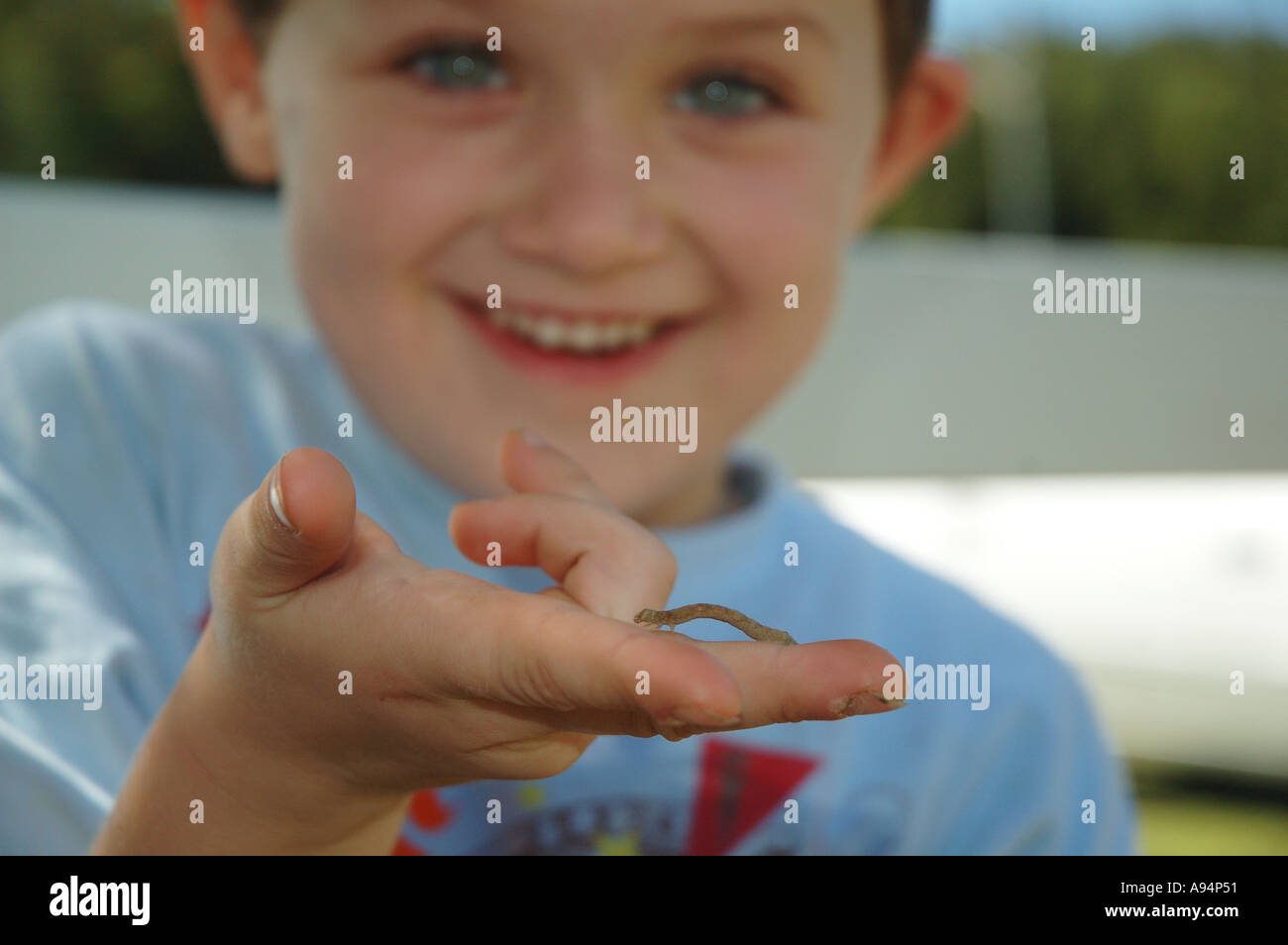 young boy watching an inch worm crawl along his hand Stock Photo - Alamy