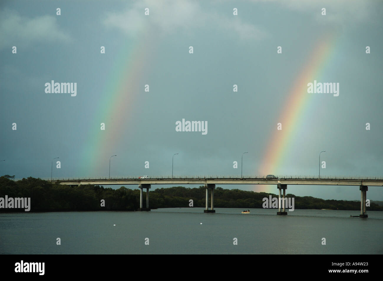 Rainbow over Maroochy river bridge Queensland Australia Stock Photo - Alamy