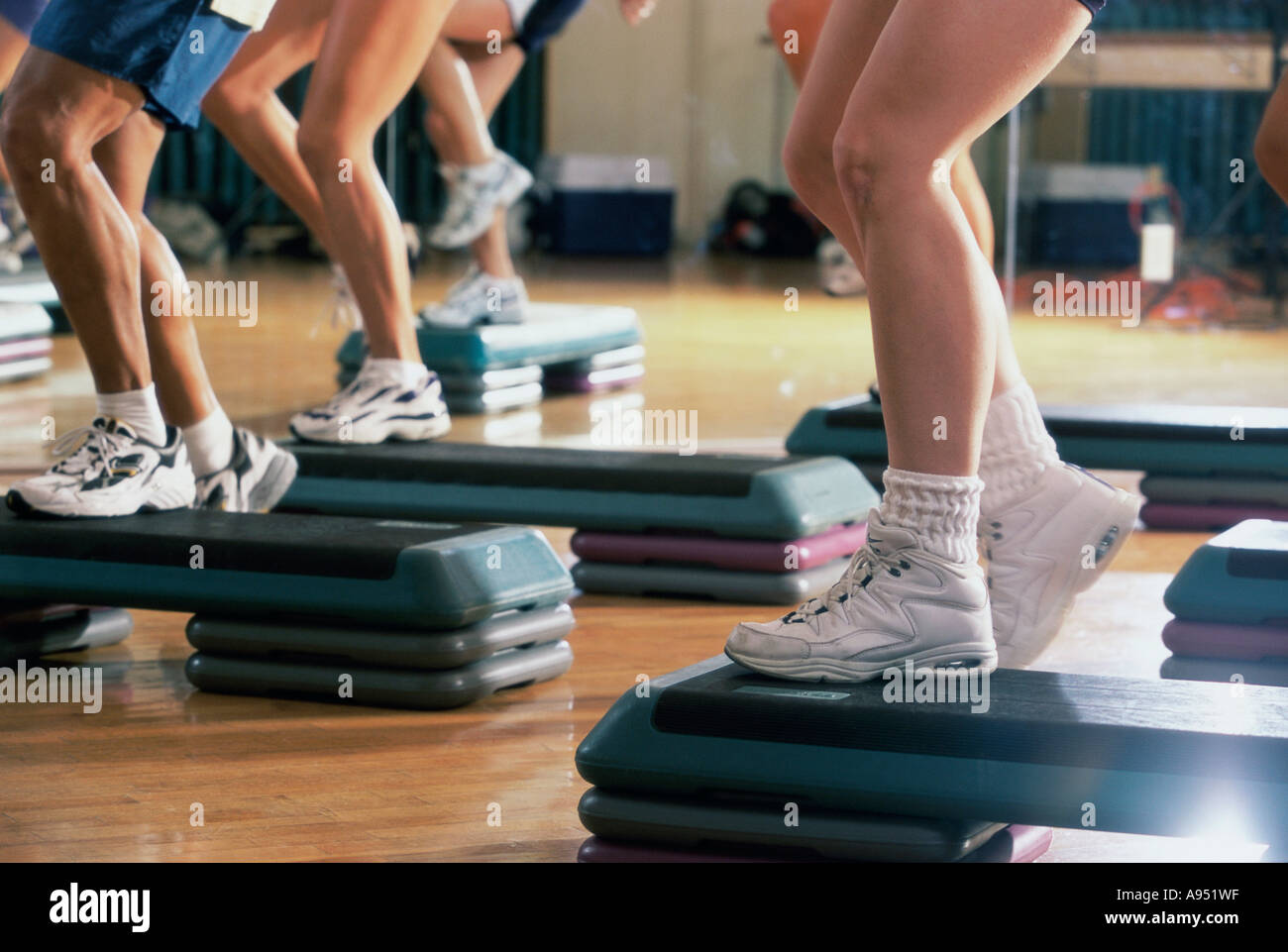 Low section view of five people doing step aerobics in a gym Stock ...