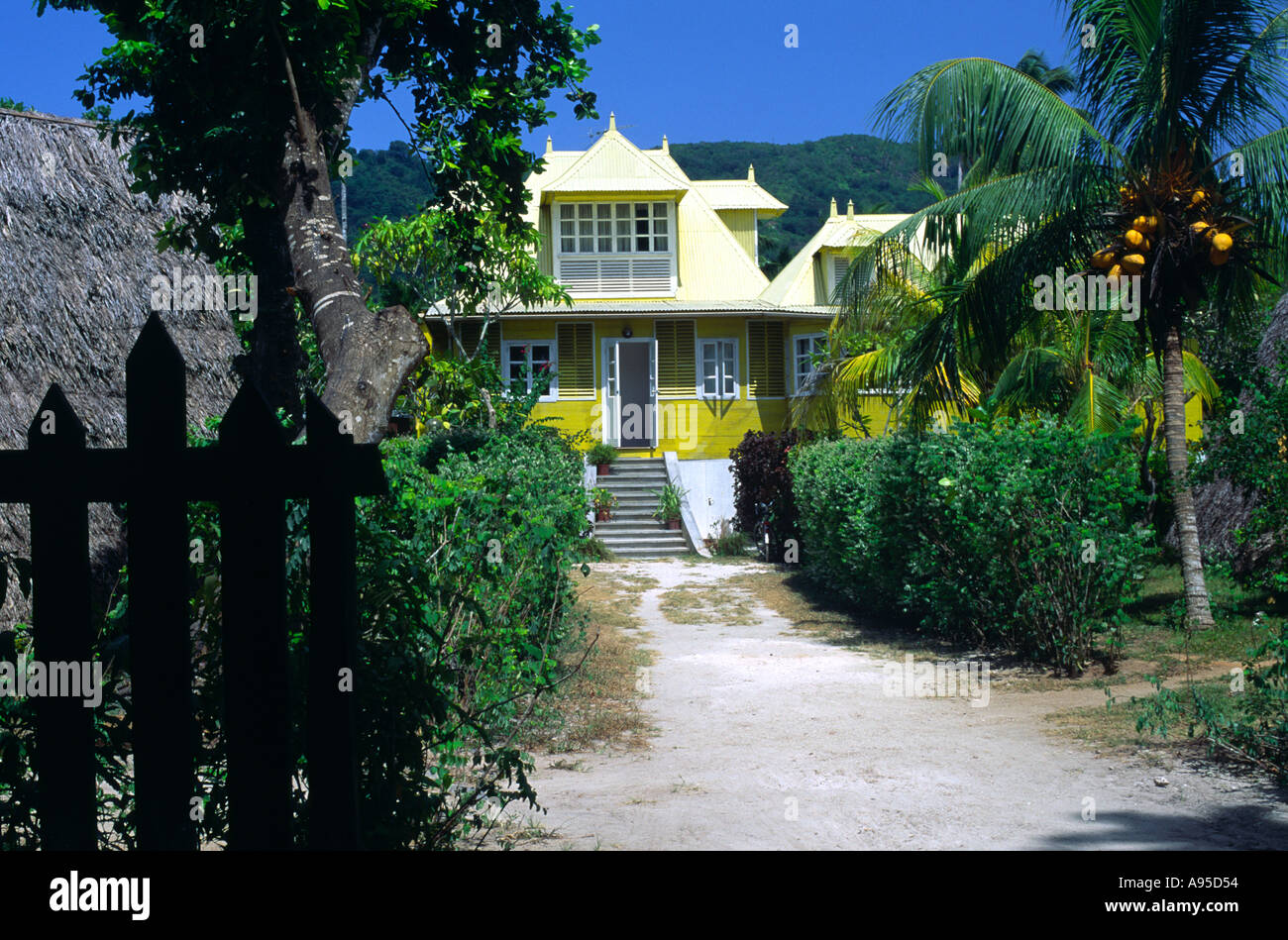 Old French colonial house and tropical garden La Digue Seychelles Stock ...