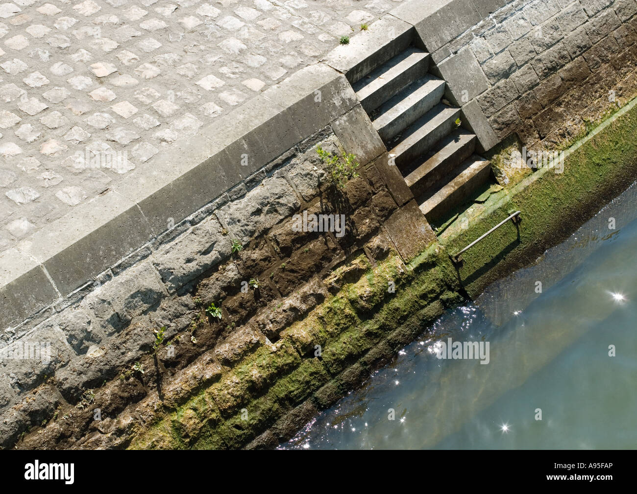 Steps on quay leading to river, high angle view Stock Photo - Alamy