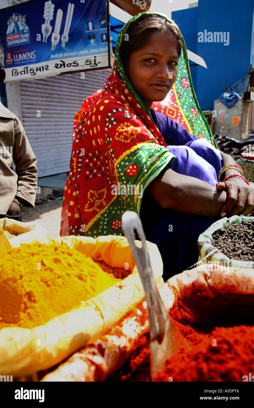 Female Indian Trader on Spice Stall, Anjar, Gujarat, India Stock Photo ...