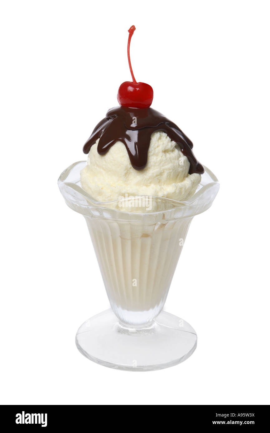Sundae with Chocolate Syrup and a Cherry cut out on white background ...