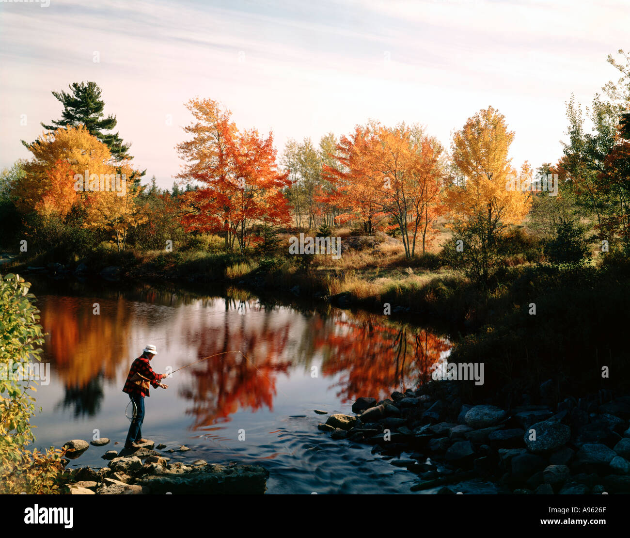 Acadia National Park in Maine showing a lone fly fisherman trying his ...