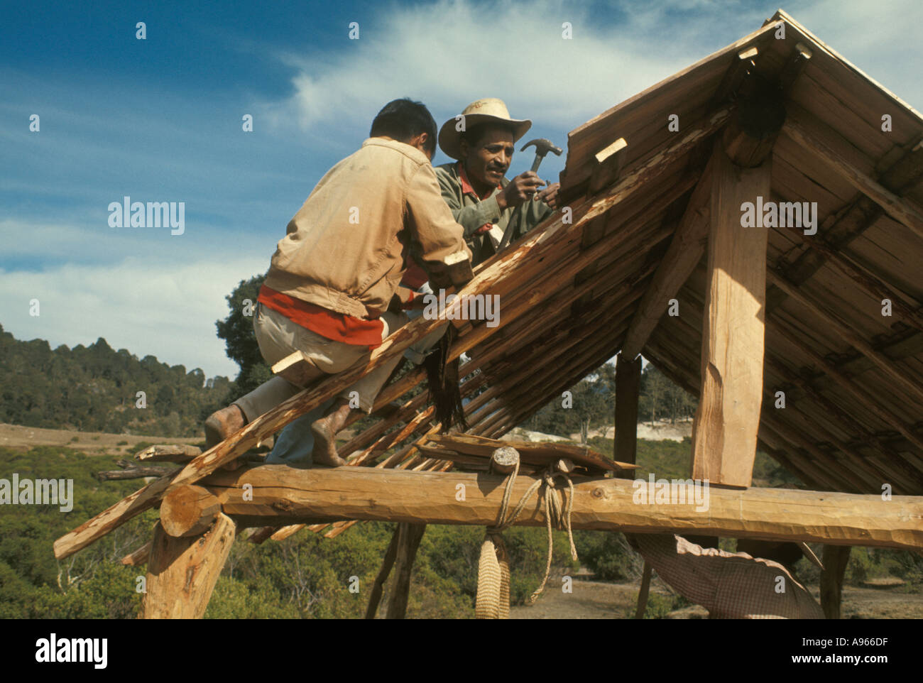 Mexico Oaxaca State. Indian men of Mixtec ethnic group building wooden ...