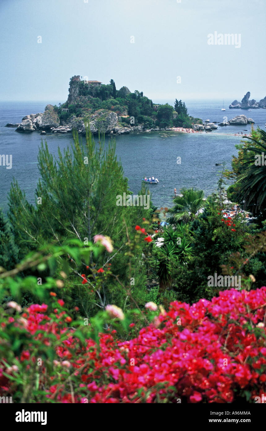 Italy, Catania Province, Sicily - Taormina Isola Bella island viewed ...