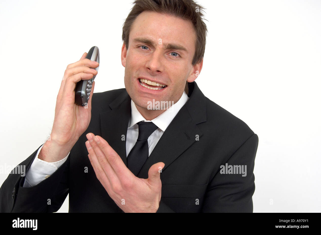 fed up man on the telephone frustrated Stock Photo - Alamy