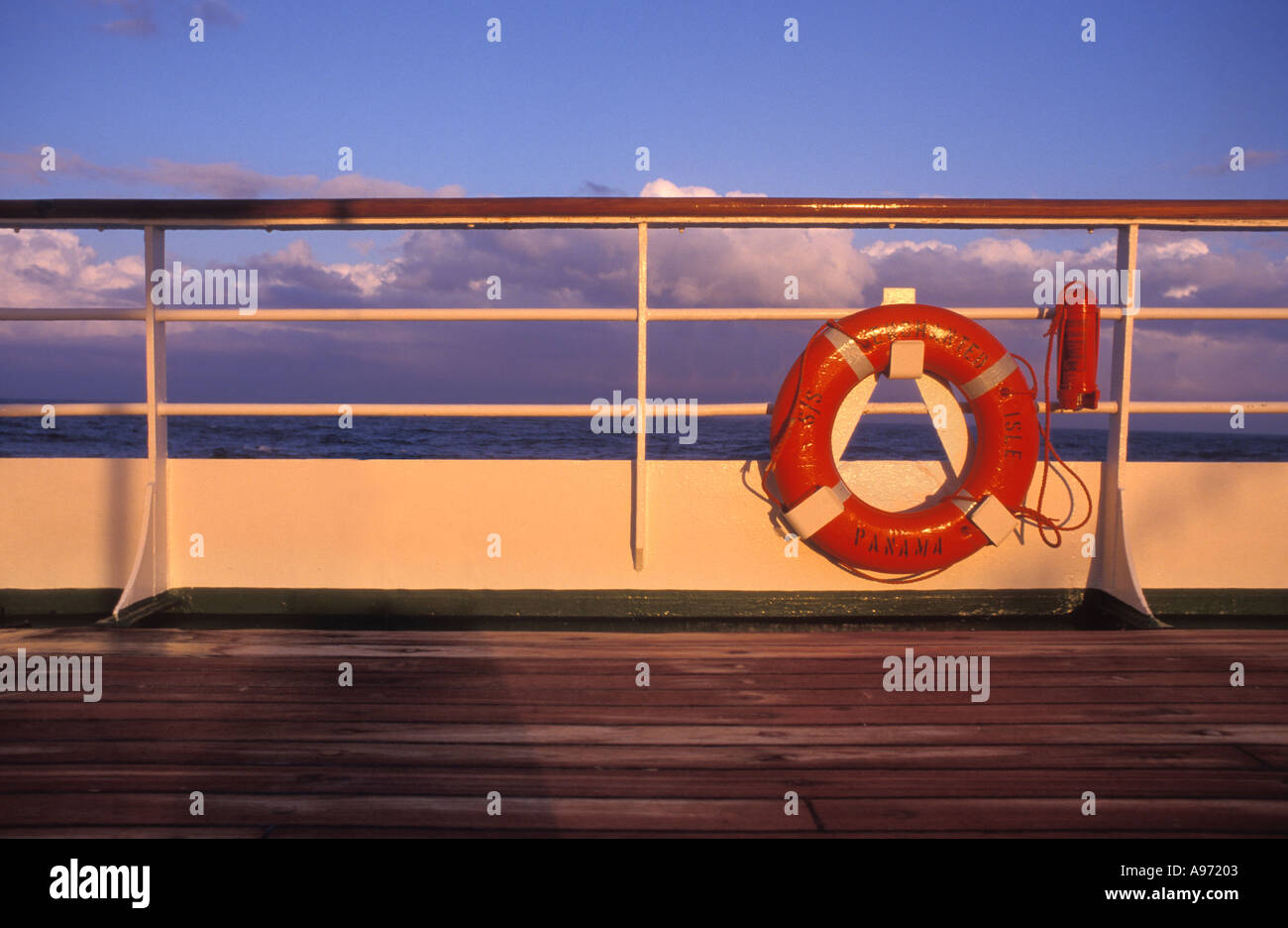 Railing and life preserver of cruise ship Stock Photo - Alamy