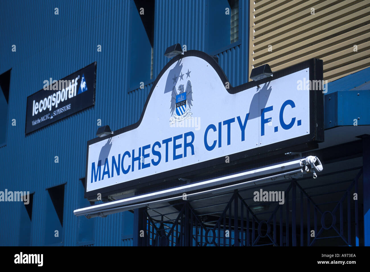 Sign to main entrance to the Maine Stand Manchester City Football Club ...