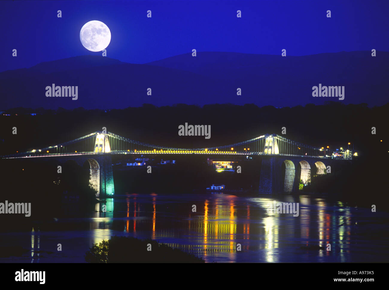 Menai Suspension Bridge at Night Menai Strait Anglesey North West Wales ...