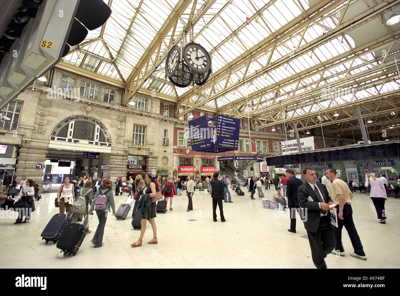 Interior of Waterloo Station showing clock in London England Stock ...