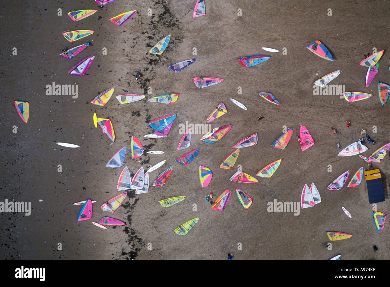 Wind Surfing Sails on Beach Port Eynon Gower South Wales Stock Photo ...