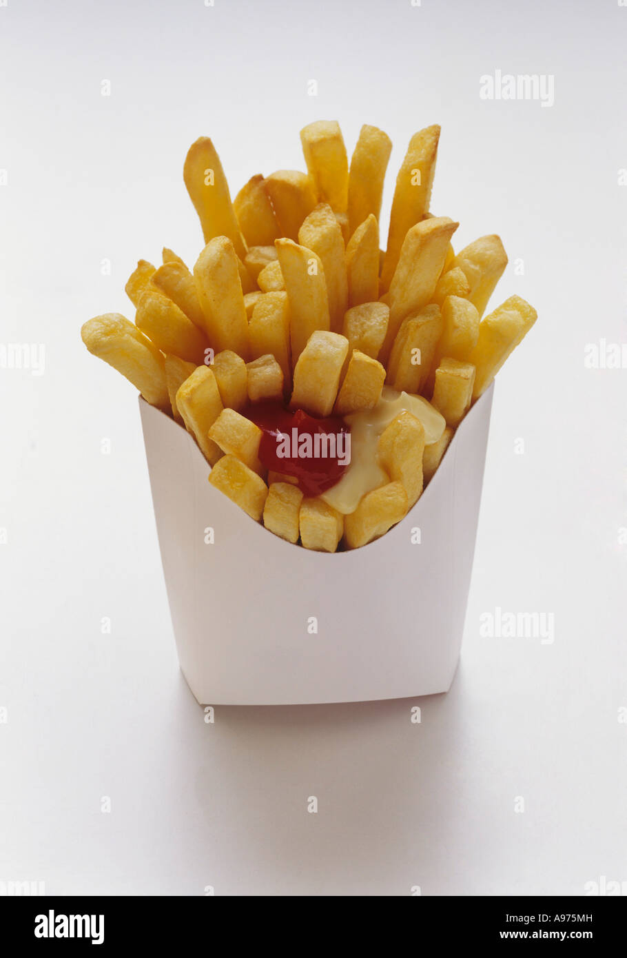 French Fries in White Fast Food Box with Mayonnaise and Ketchup ...