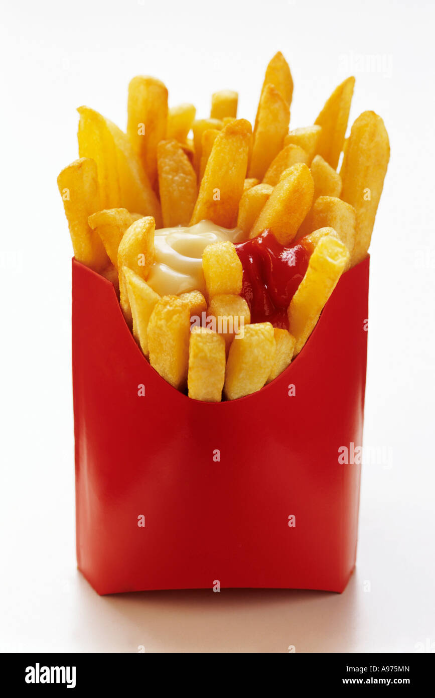 French Fries in Red Fast Food Box with Ketchup and Mayonnaise ...
