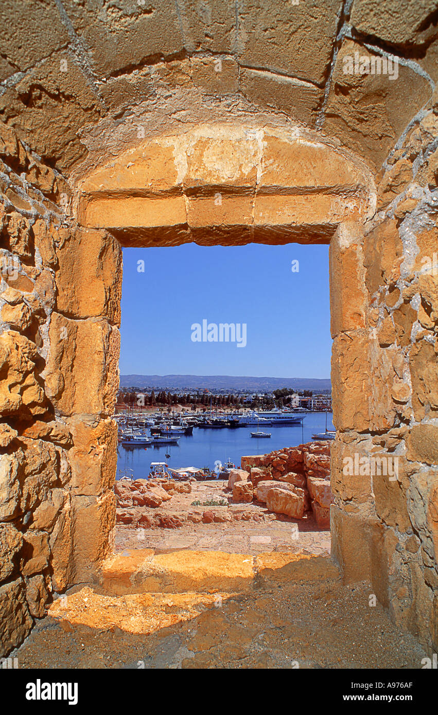 The Harbour at Paphos Cyprus seen through a window of Paphos Fort Stock ...
