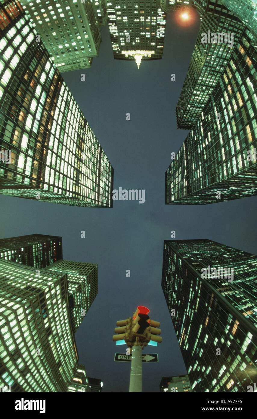 fish eye view of Park Avenue buildings at night in New York City Stock ...