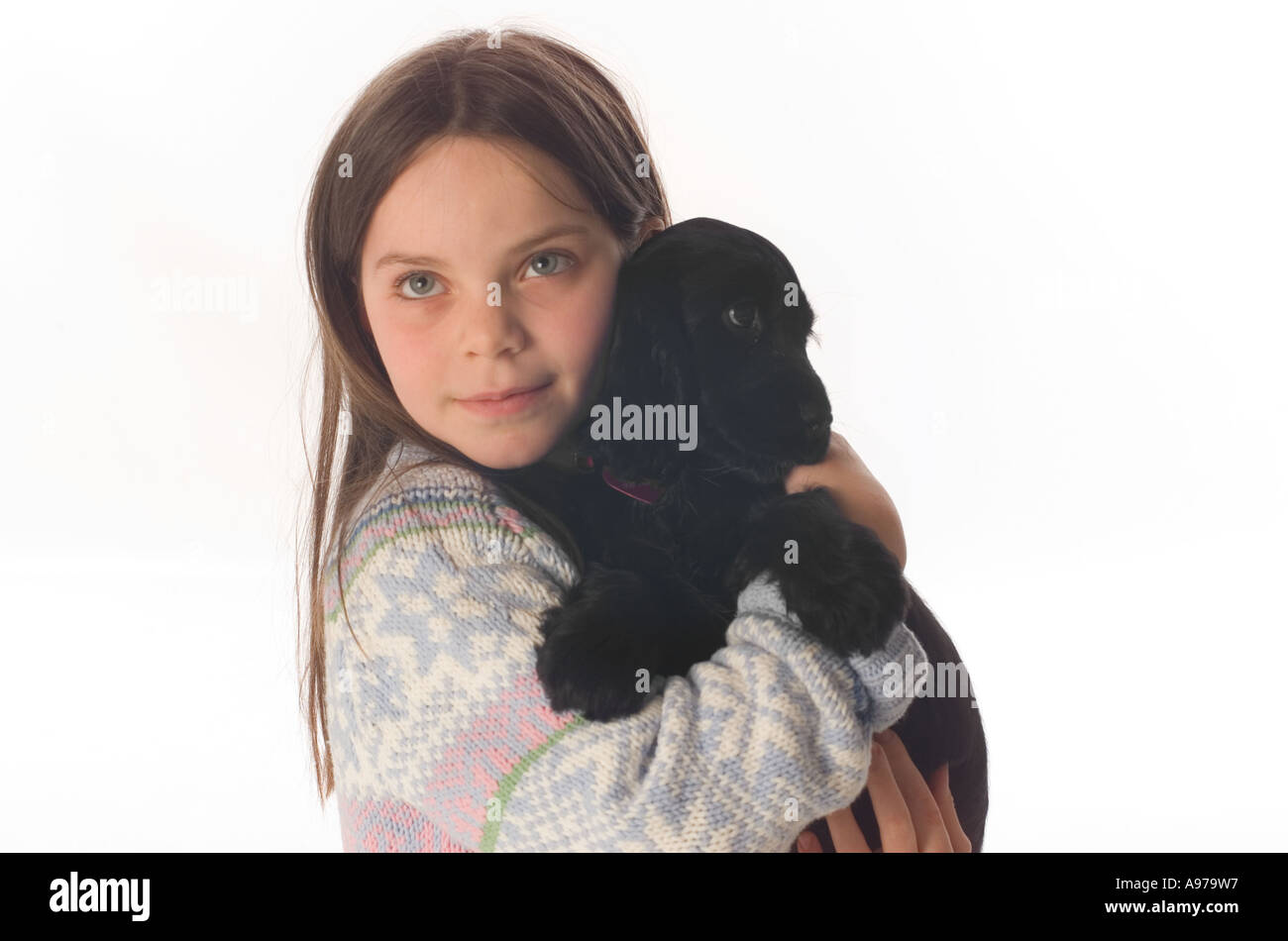 Nine year old girl cuddles two month old black cocker spaniel. pet ...