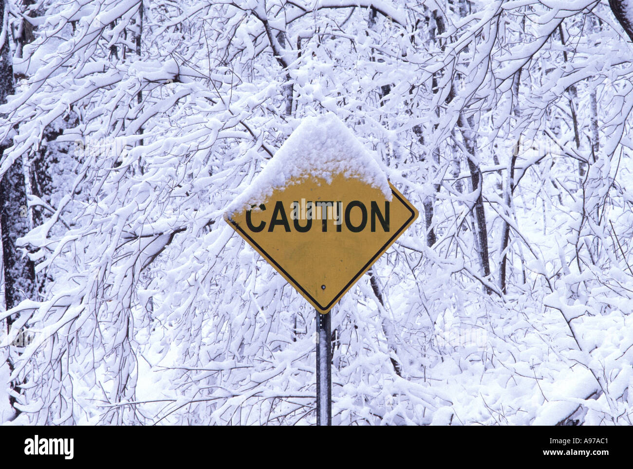 snow covered yellow sign warning Stock Photo - Alamy