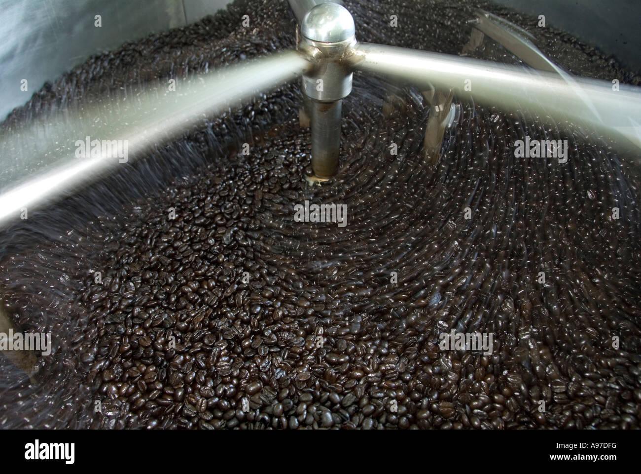 Coffee being cooled in the cooling car of a small batch roasting oven ...